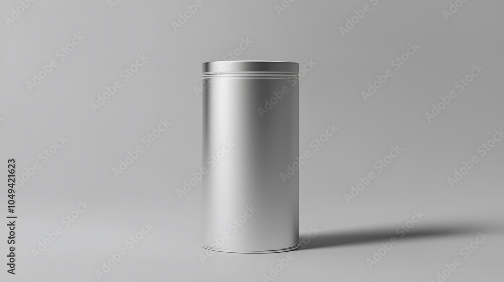 Blank mockup template of a packaging label on a tall cylindrical metal ...
