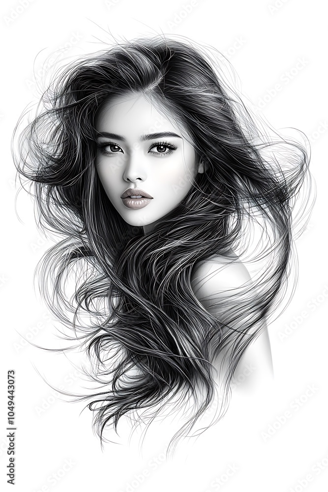 Beautiful Thai woman with long, flowing hair, a high-detail drawing in ...