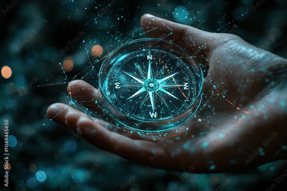 Holographic compass depicted in hand, symbolizing strategic and market ...