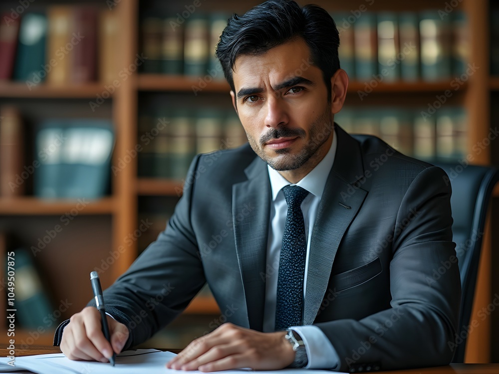 Professional attorney with legal papers posing inside modern law firm ...