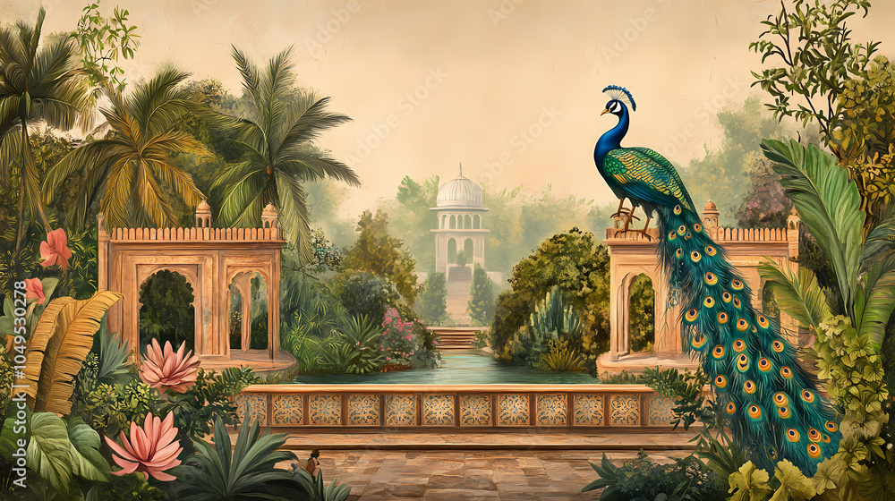 Illustration of a mughal garden with peacocks, parrots, plants, and ...