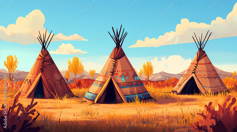 Native american indian teepees in a traditional camp setting , tribe, culture, indigenous ...