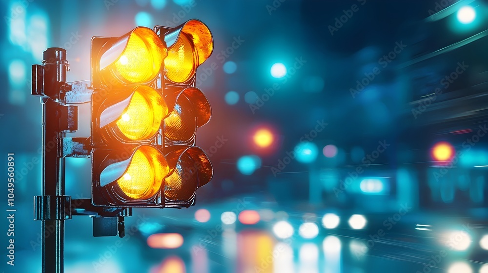 Blinking yellow traffic signal light warning at an empty road intersection in an urban city ...