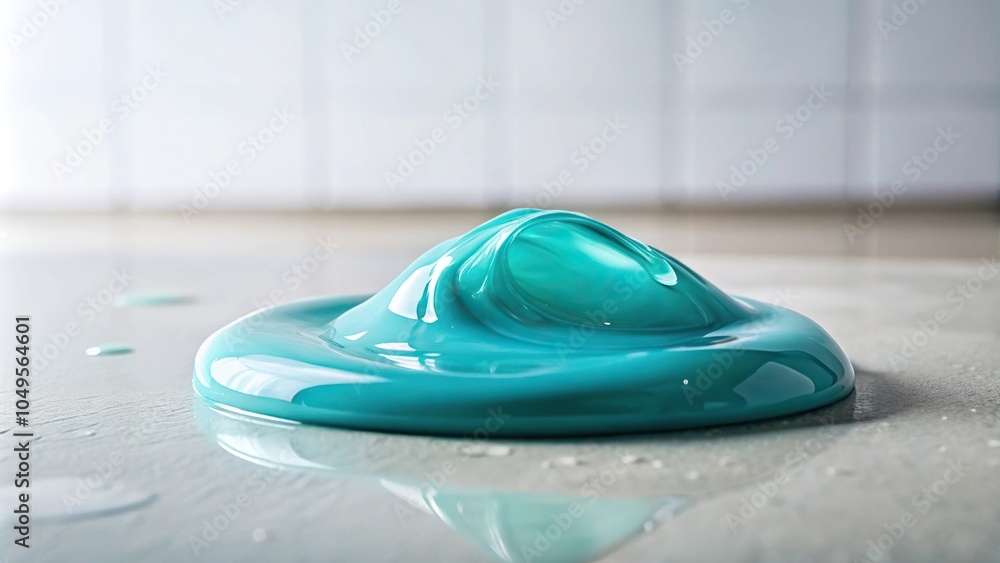 An isolated drop of aqua slime clings to the side of a clean white ...