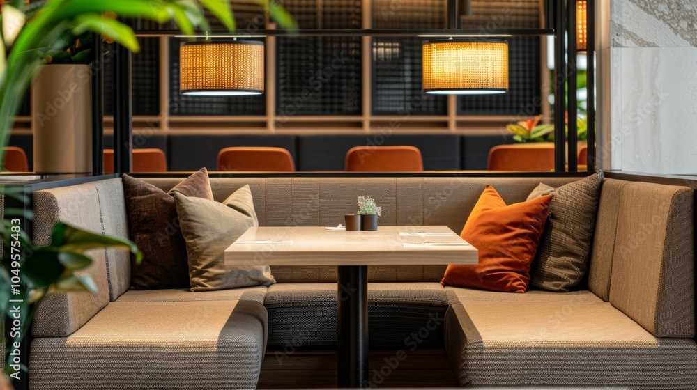 Modern and stylish restaurant interior featuring a cozy booth with ...