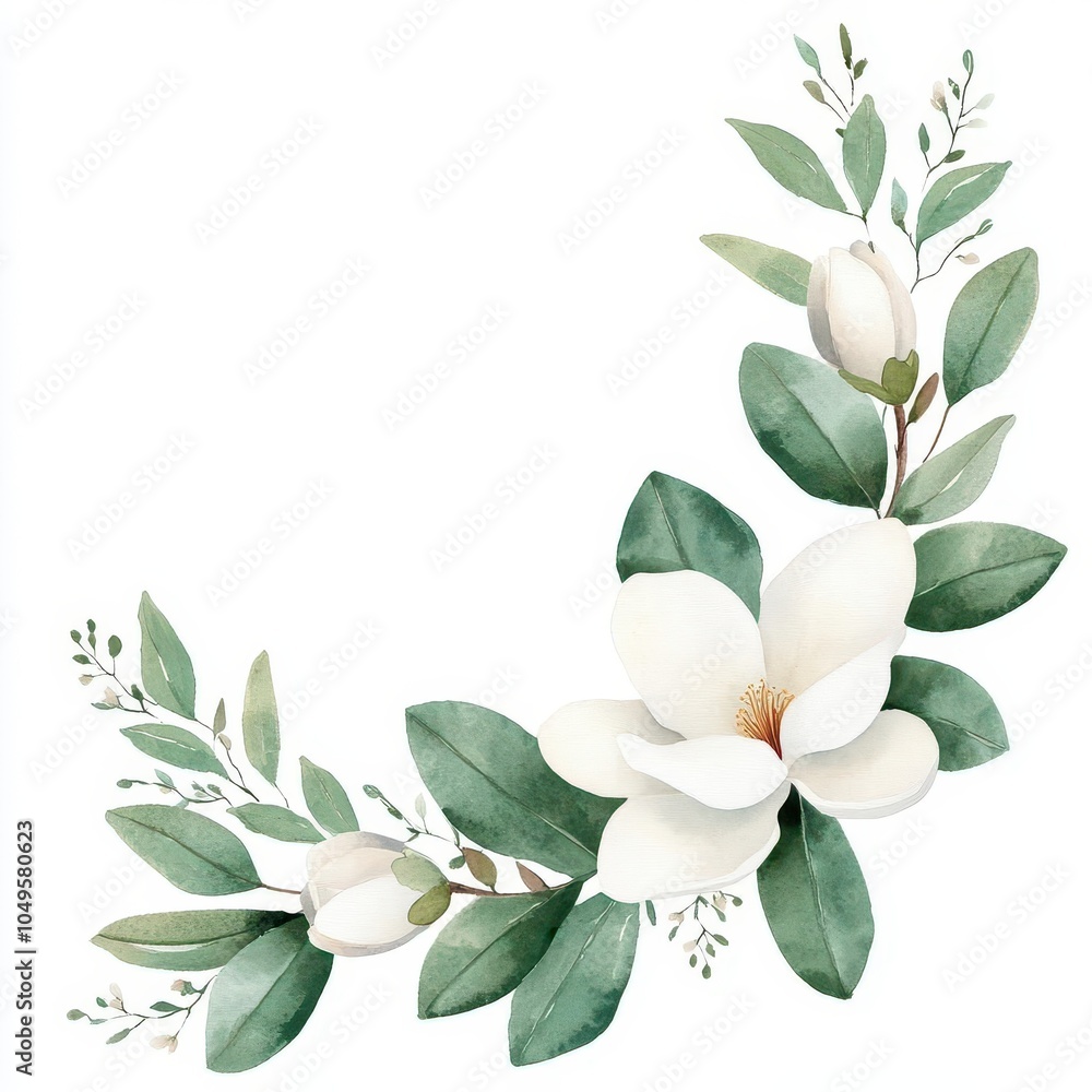 Watercolor floral corner border with white magnolia flowers and green ...