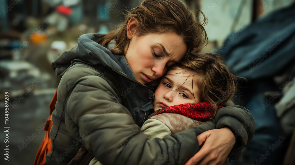 Homeless mother and her daughter embracing each other tightly on a ...