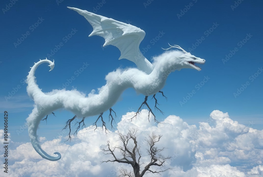 Sky Serpent Body made of clouds with a tail ending in tree branc Stock ...