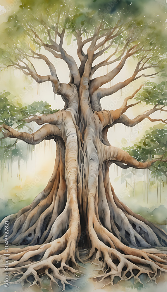 A watercolor painting of a grand banyan tree with intricate roots and ...