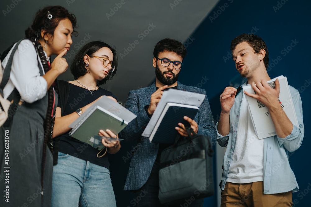 Group of diverse university students talking with a professor. They are ...