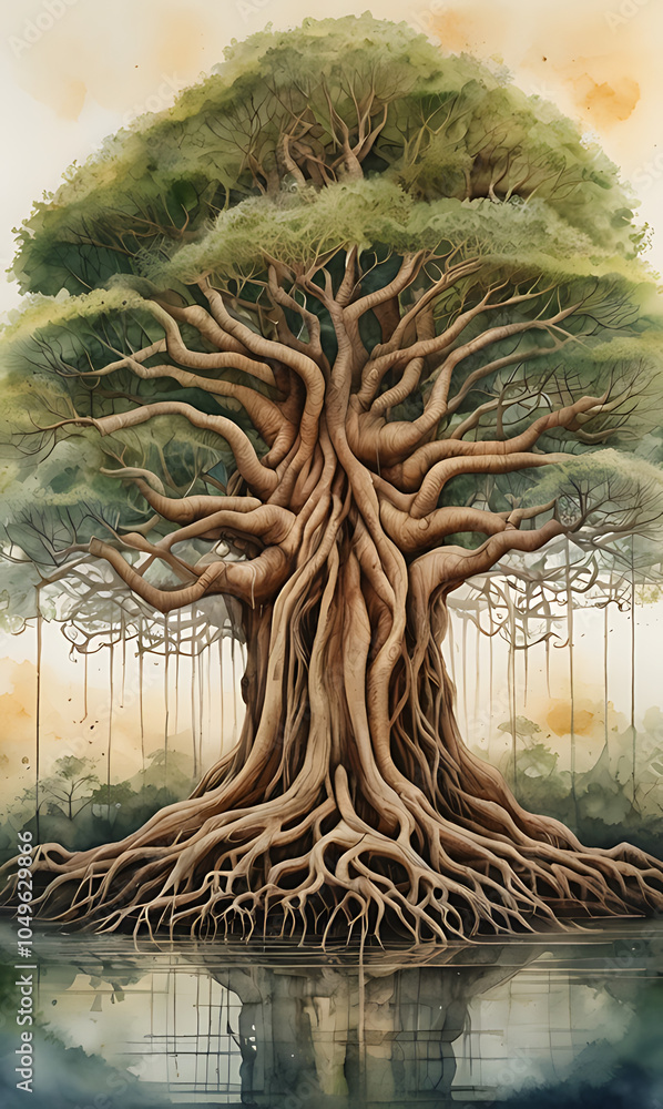 A watercolor painting of a grand banyan tree with intricate roots and ...