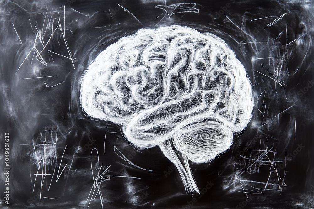 A detailed chalk depiction of a brain on a blackboard, illustrating ...