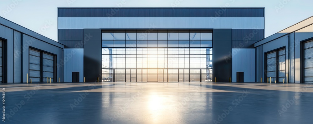 Frontal view of a modern industrial storage facility, sleek steel and ...