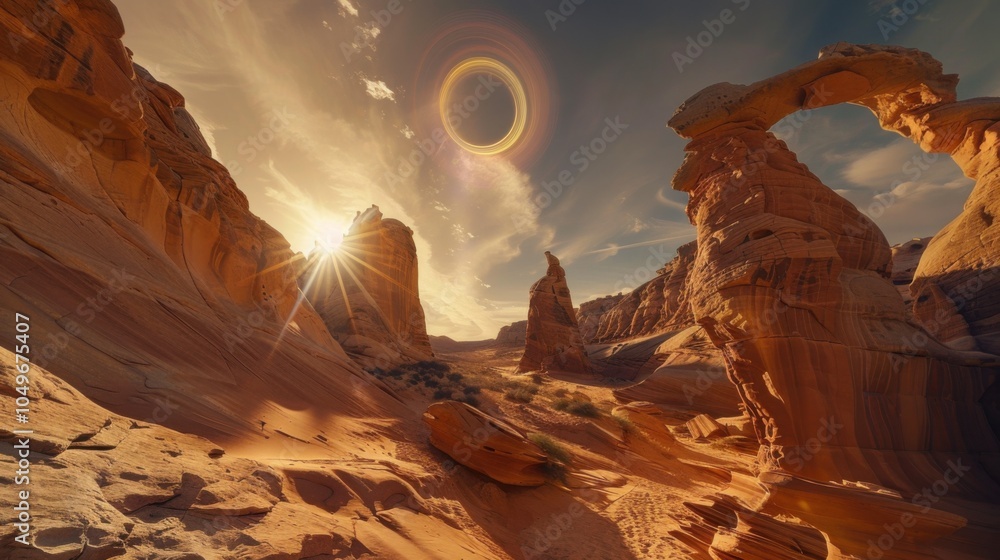 A captivating perspective of a remote desert canyon with striking, wind ...