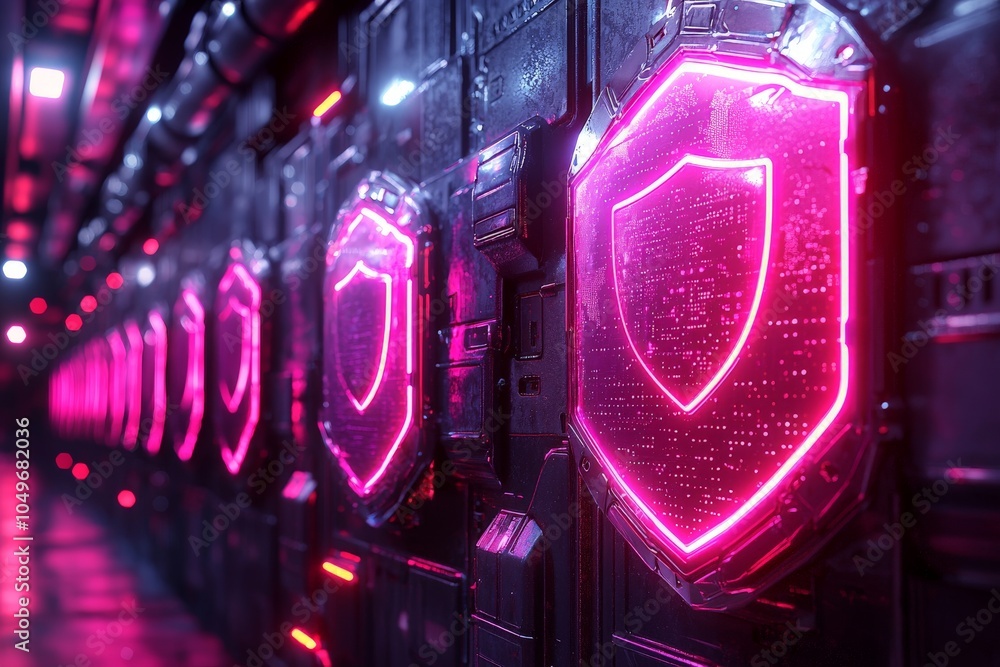 Neon pink shield icons on digital wall display, blending cyberpunk ...