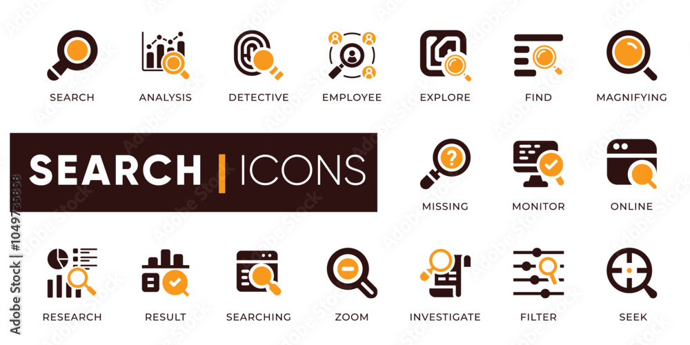 Search icon set. Includes icons for search symbols, analysis, detective ...