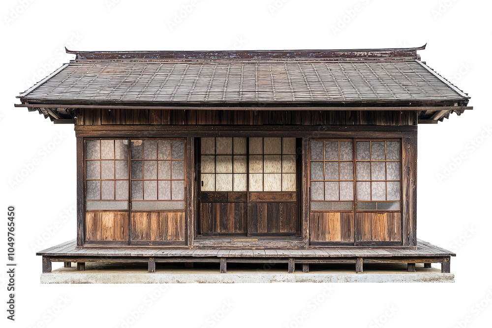 Japanese Edo-period wooden house with sliding shoji doors, on a white ...