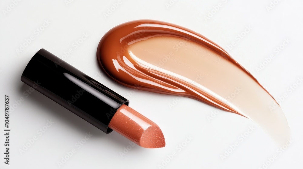 Beige nude tone lipstick make up isolated on a studio background ...