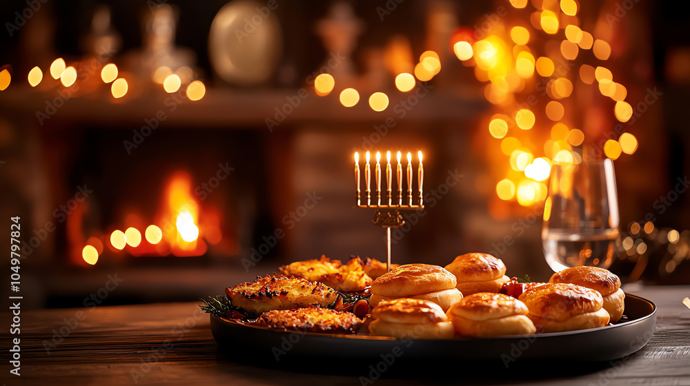 Hanukkah table set with latkes, sufganiyot, and a menorah in the center ...