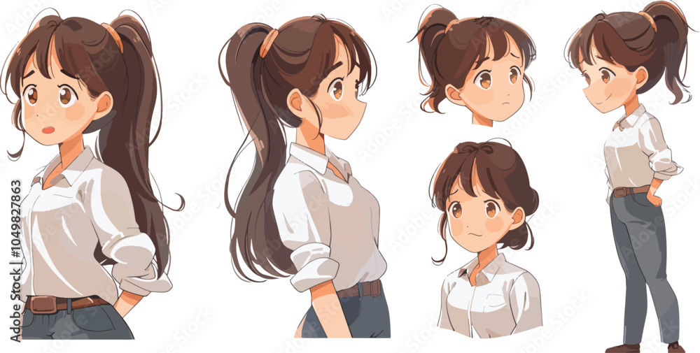 Anime girl character design white shirt jeans happy emotions surprised ...