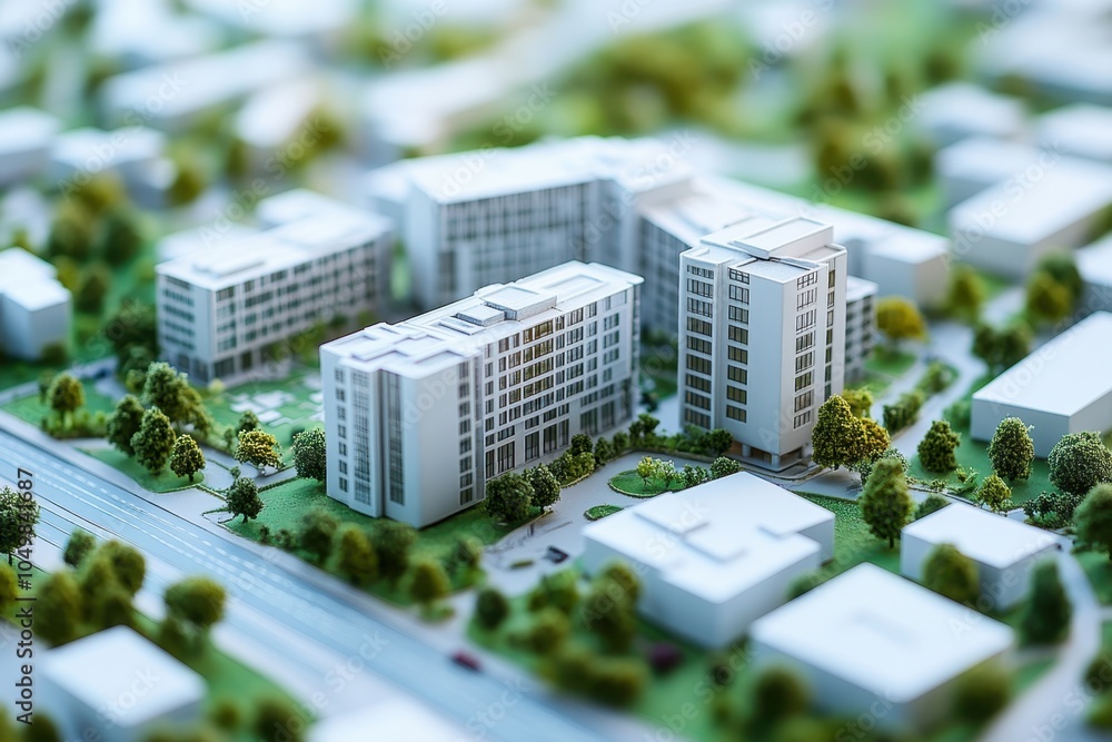 Detailed architectural model of a modern urban development surrounded ...
