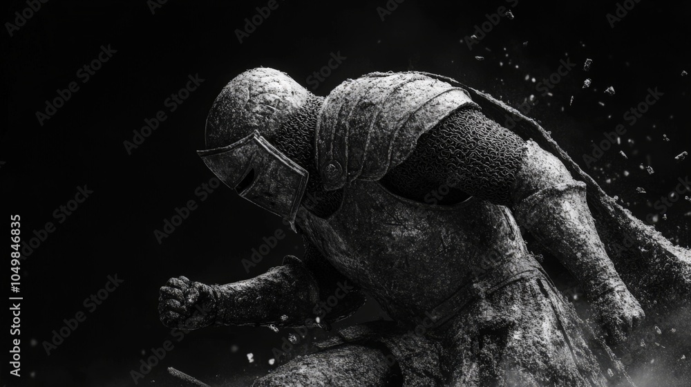 a medieval soldier in an action pose falling apart, crumbles, black ...