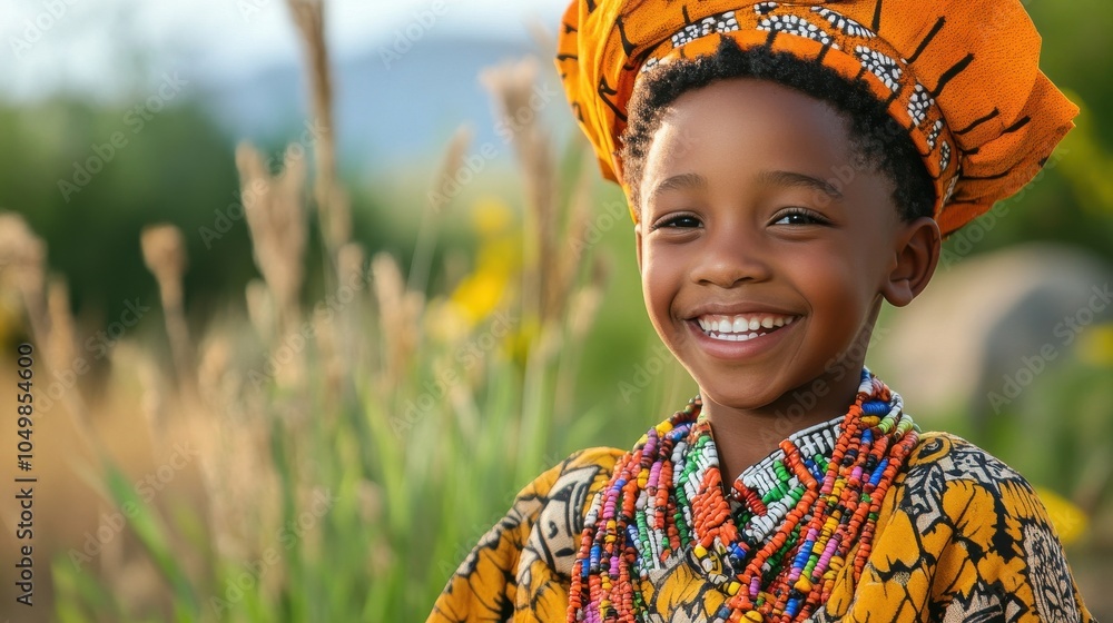 Young South African boy with a traditional outfit and a playful smile ...