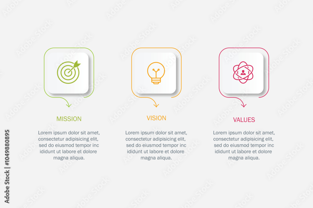 Vision mission and values graphic vector illustration with 3 steps ...