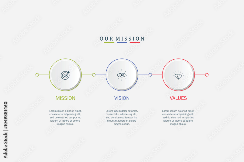 Vision mission and values graphic vector illustration with 3 steps ...