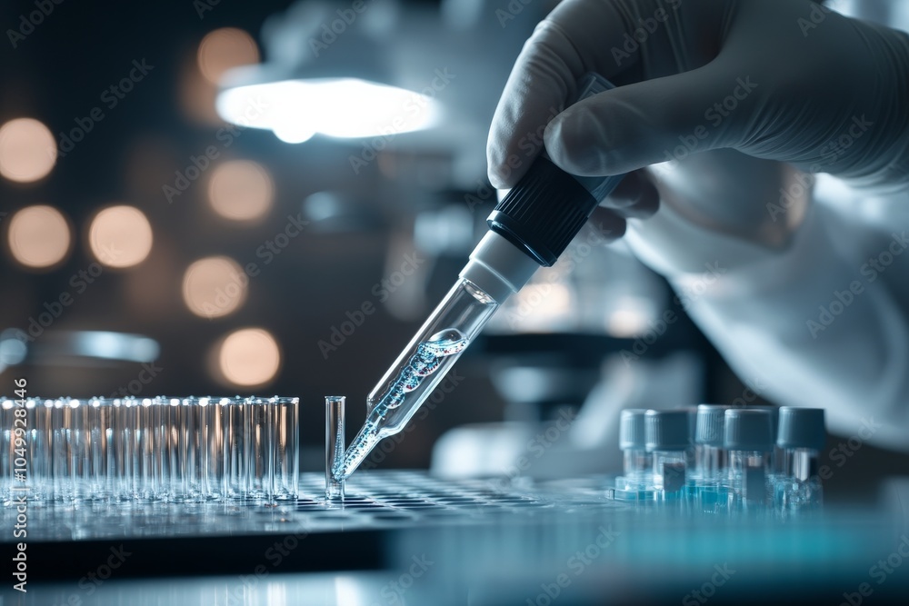 The image depicts a scientist carefully handling test tubes in a ...