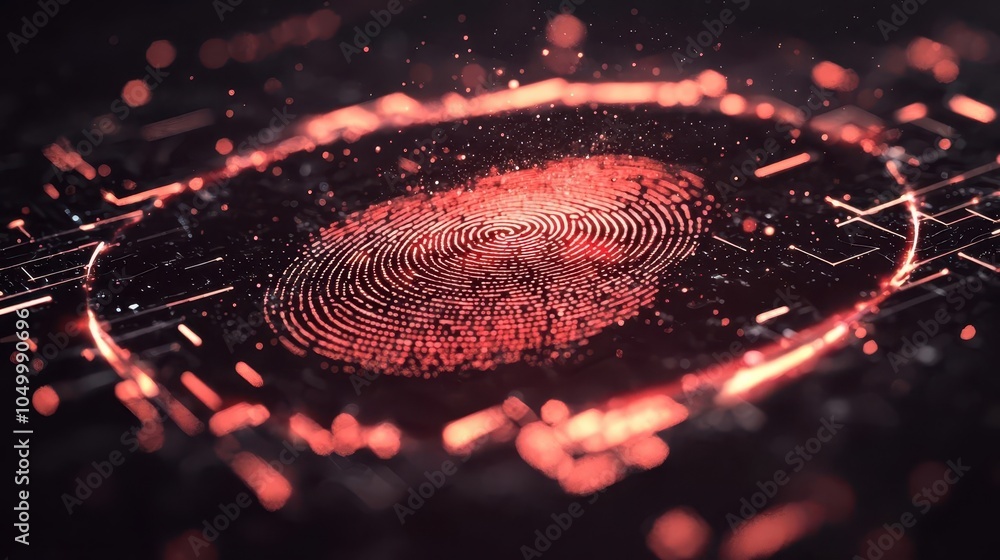 Biometric handprint glowing in front of encrypted data, representing ...