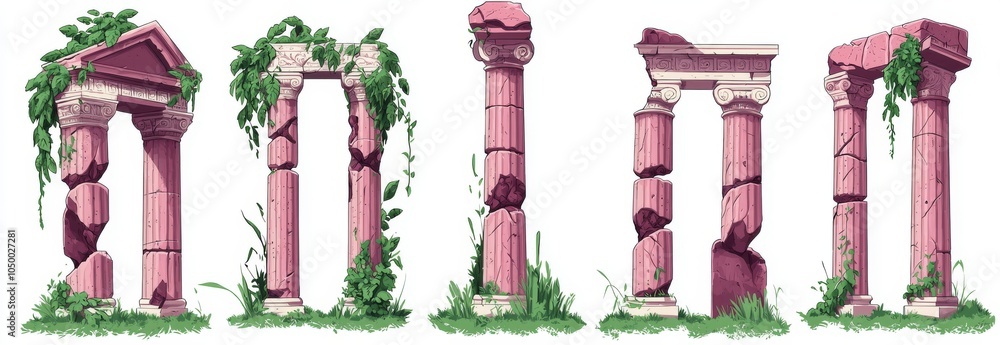 For historical archaeological museums or landscape design, a cartoon illustration of ancient ...