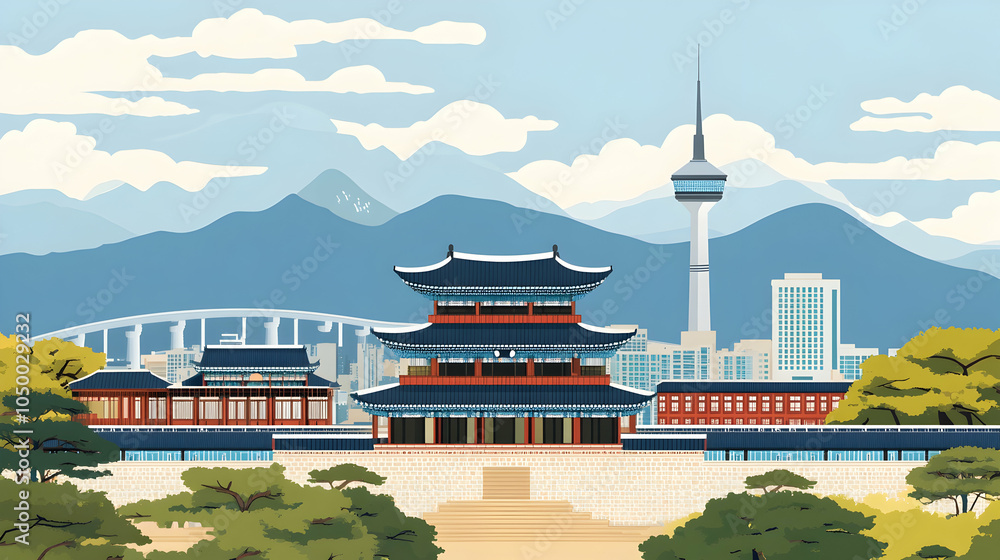 Korean Traditional Architecture in Modern City Skyline, Korean ...