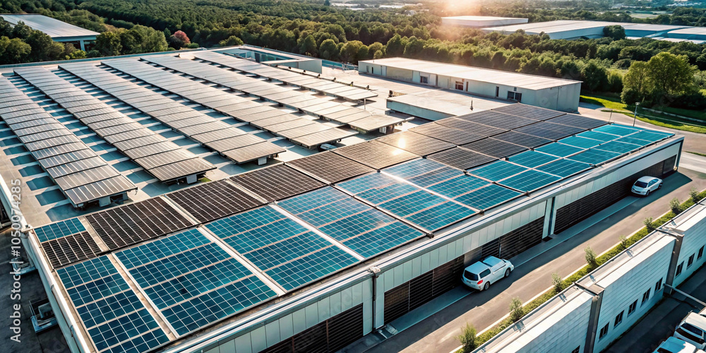Aerial view of a large-scale data center powered by sustainable energy ...