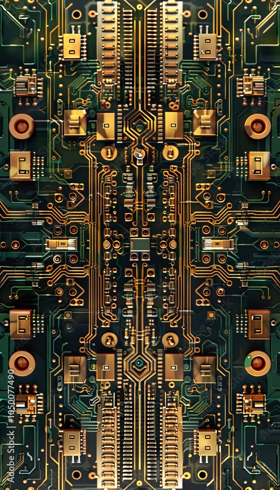 Detailed close up of a pcb showcasing complex circuit paths and solder ...
