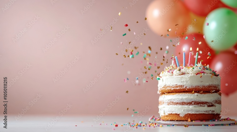 A trendy naked cake with visible layers and colorful sprinkles is ...