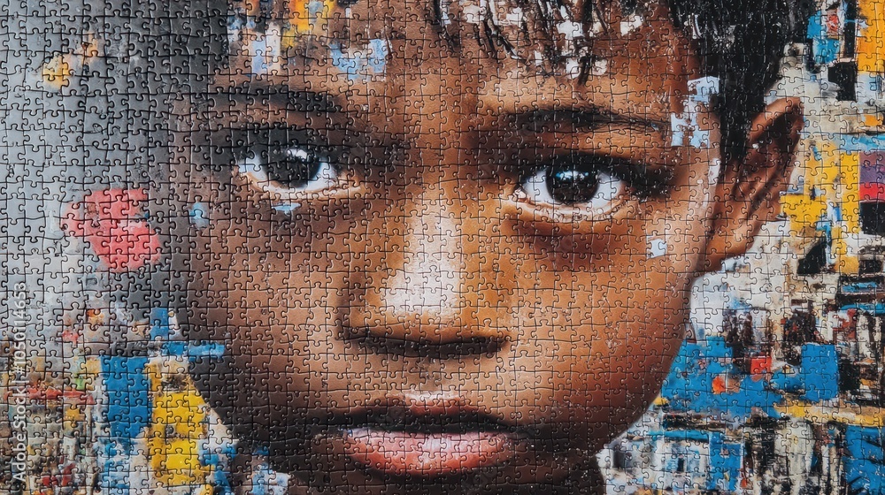 Giant jigsaw puzzle that forms a poor boy crying in a favela in brazil ...