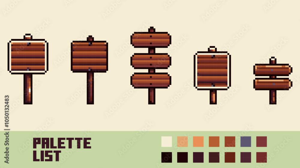 Pixel Art Wooden Signboard Icons with Color Palette. Pixelated Wooden ...