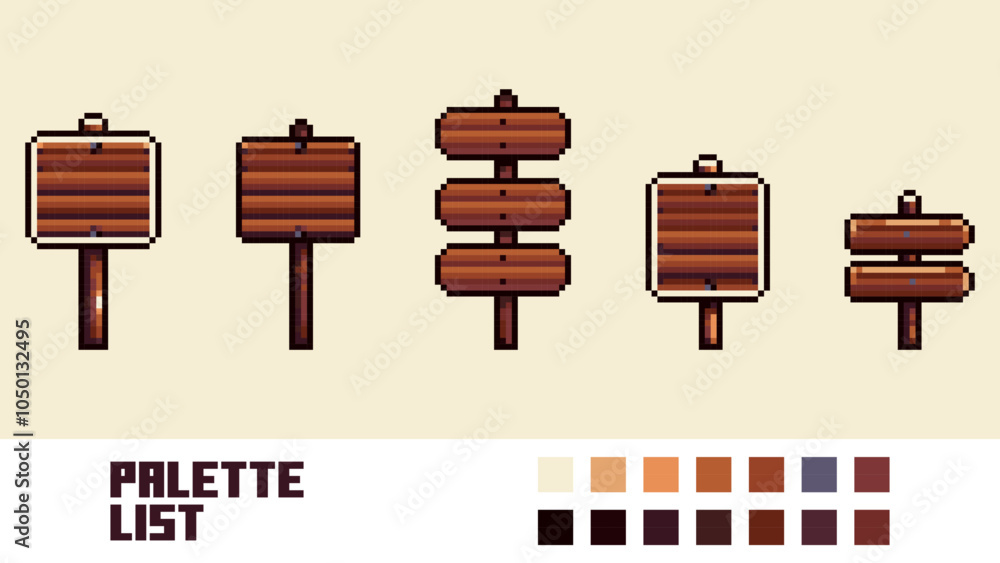 Pixel Art Wooden Signboard Icons with Color Palette. Pixelated Wooden ...