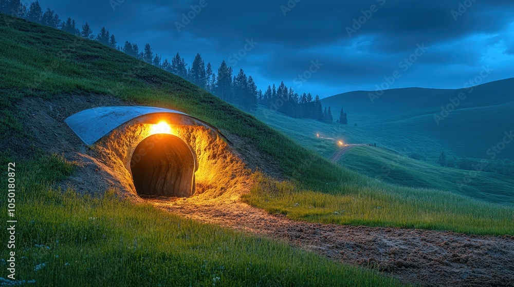 Secret underground bunker with secure entrance, heavy door, safety and ...