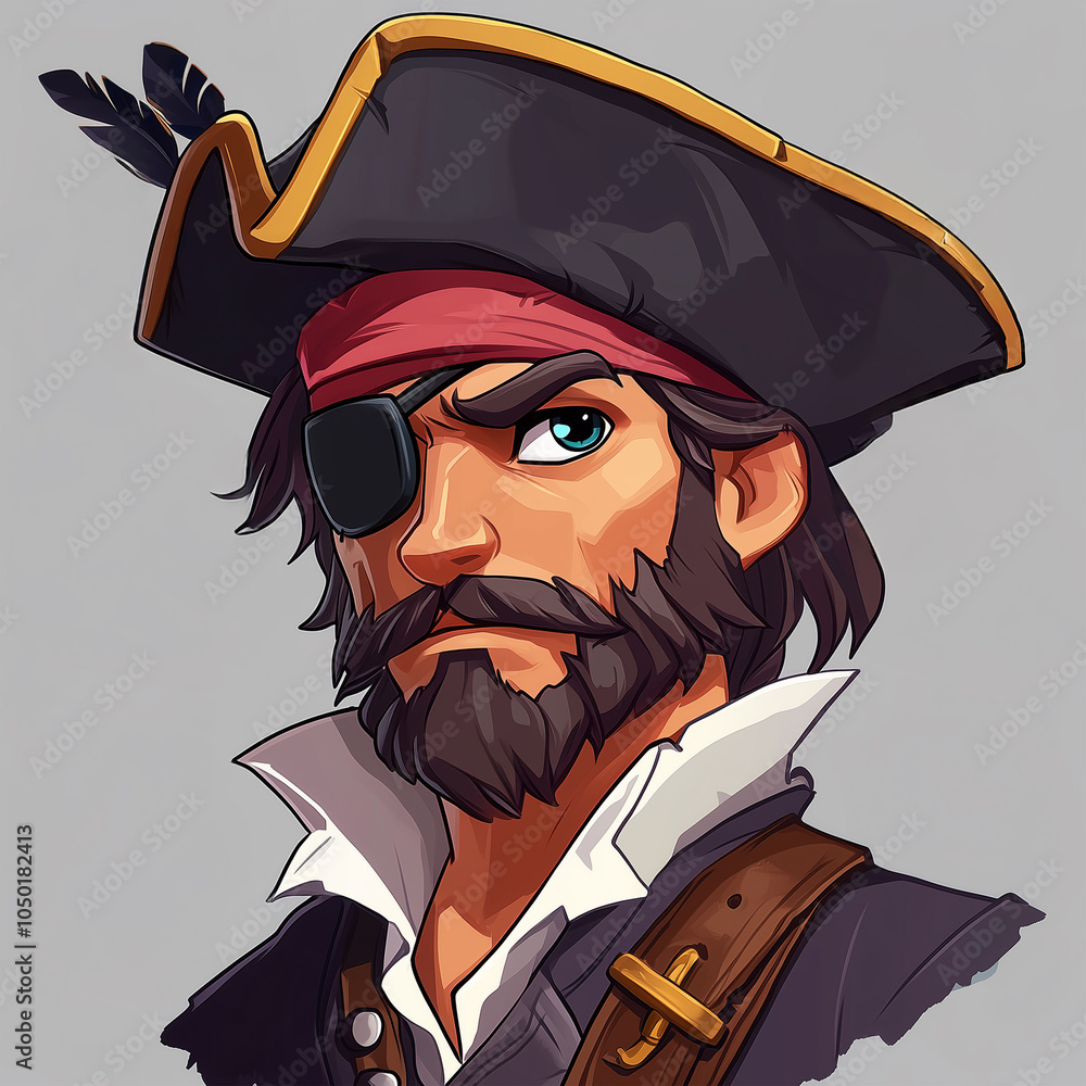 an avatar of a fierce pirate captain with an eye patch, tricorn hat ...