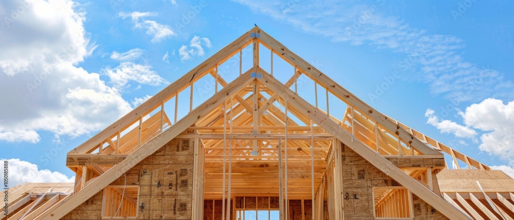 Image shows unfinished house frame with yellow wooden beams against ...