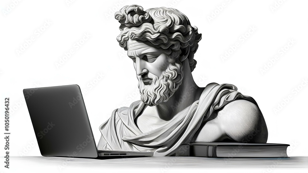 Greek sculpture with laptop on white background. Sculpture of Greek ...