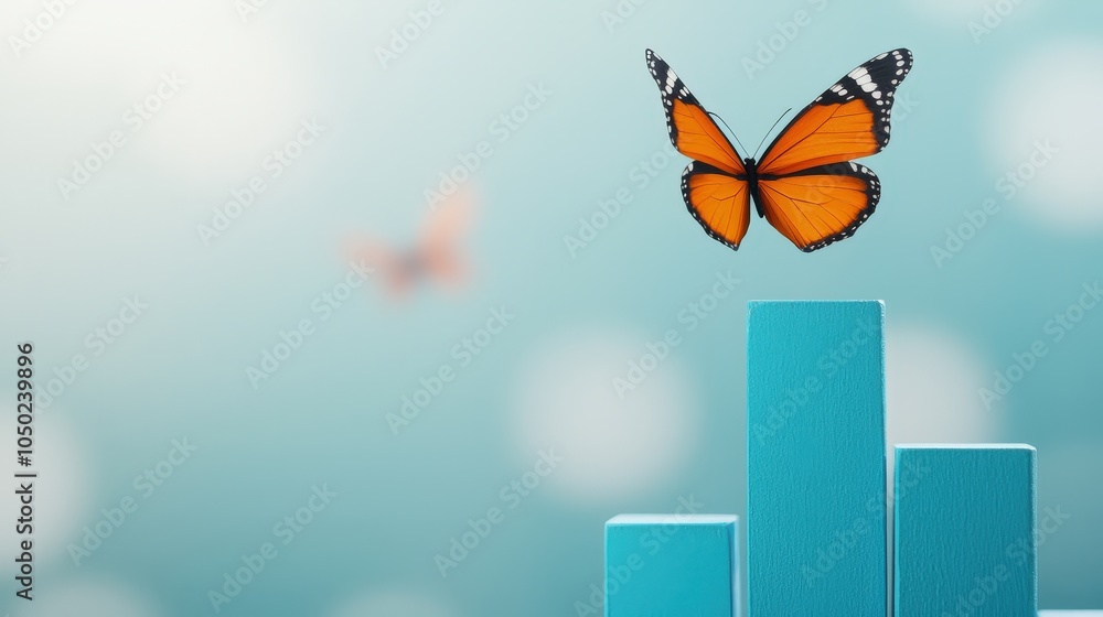 Butterfly flying over stacked bar charts, representing layered growth ...