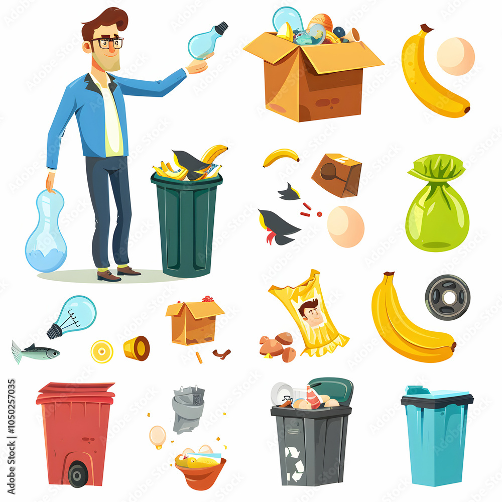 Cartoon illustration of a man throwing trash in separate bins, with ...