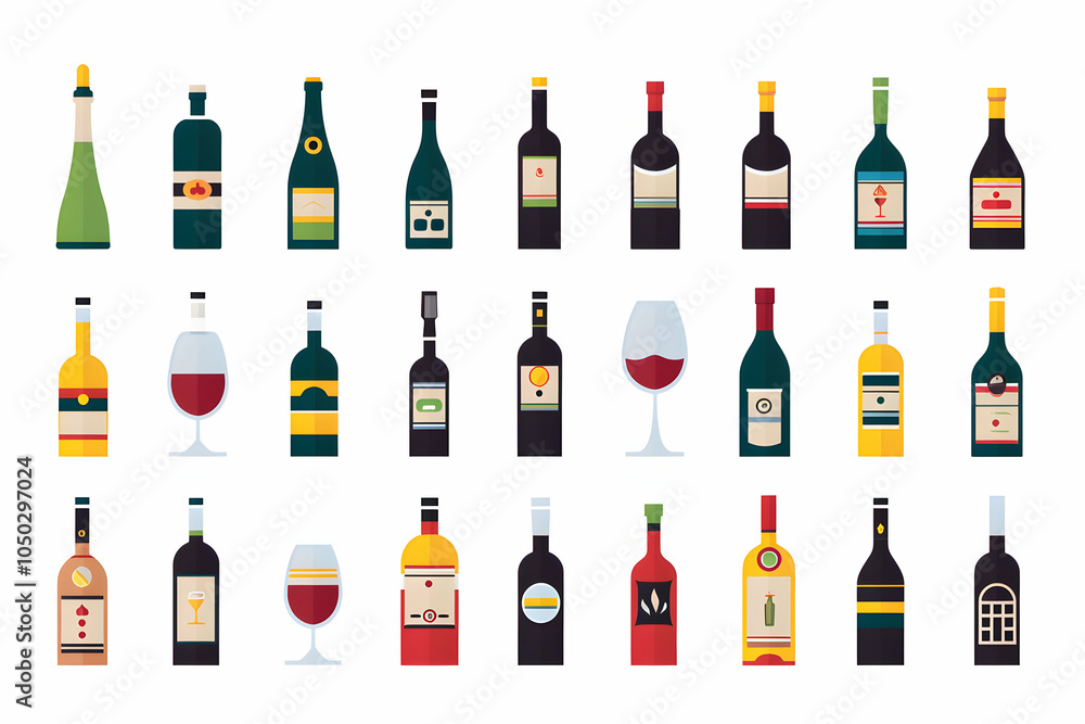 Set of colorful flat vector icons of different types of wine bottles ...
