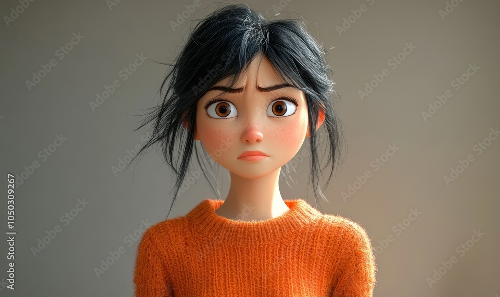 3D Animated Young Asian Woman in Orange Sweater Expressing Sadness and ...