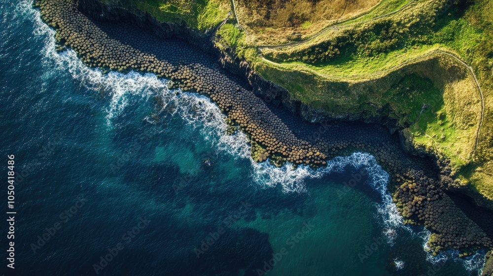Aerial view of the Giant's Causeway coastline, with the unique basalt ...