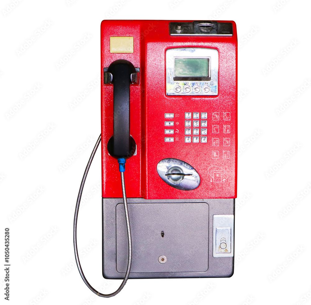Public red old payphone coin isolated on cut out PNG or transparent ...