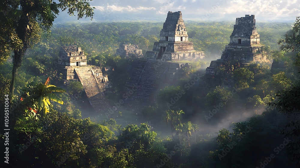 Ancient Mayan pyramids rise from the jungle in the morning mist ...